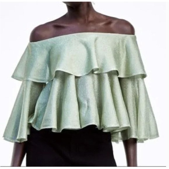 Zara | Tops | Zara Off The Shoulder Top Green Metallic Thread Knit Size ...